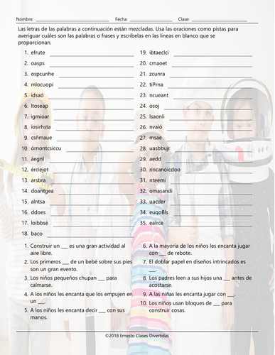 Childhood Activities Jumbled Words Spanish Worksheet | Teaching Resources