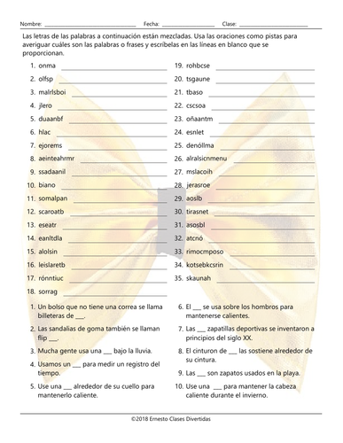 Clothing Accessories, Footwear, and Jewelry Jumbled Words Spanish ...