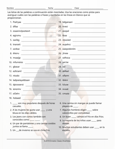 Clothing Items Jumbled Words Spanish Worksheet | Teaching Resources