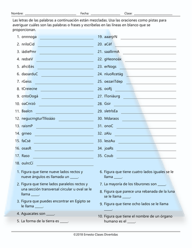 Colors and Shapes Jumbled Words Spanish Worksheet | Teaching Resources