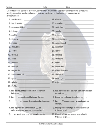 Crime, Law Enforcement, and Courts Jumbled Words Spanish Worksheet ...