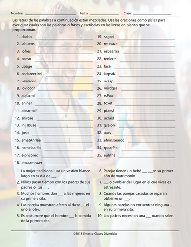 Dating and Marriage Jumbled Words Spanish Worksheet | Teaching Resources