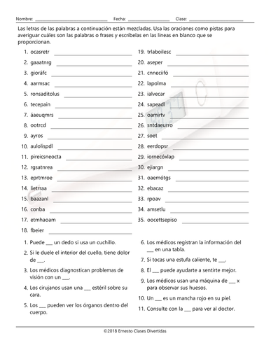 Doctor's, Illnesses, and Injuries Jumbled Words Spanish Worksheet ...