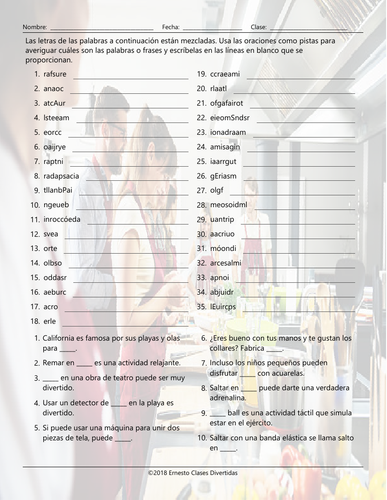 Free Time and Hobbies Jumbled Words Spanish Worksheet | Teaching Resources