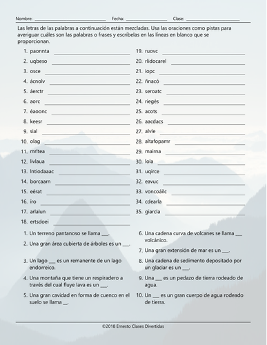 Geology and Planet Earth Jumbled Words Spanish Worksheet | Teaching ...
