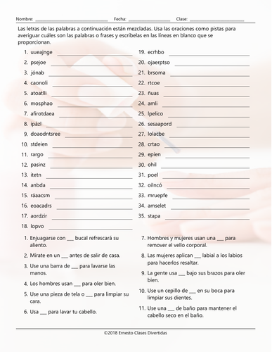 Health and Personal Hygiene Jumbled Words Spanish Worksheet | Teaching ...