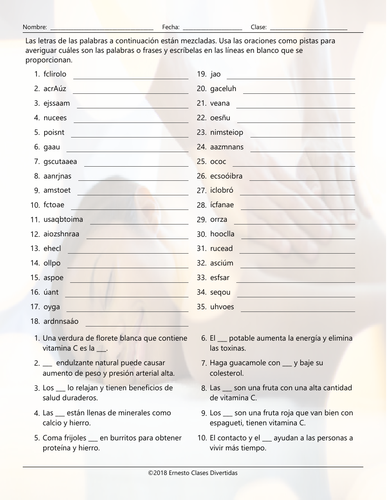 Healthy Lifestyle and Nutrition Jumbled Words Spanish Worksheet ...