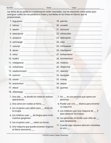 Hospitals and Injuries Jumbled Words Spanish Worksheet | Teaching Resources
