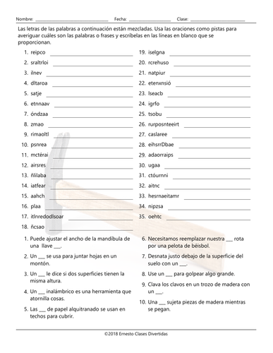 House Repairs, Tools, and Supplies Jumbled Words Spanish Worksheet ...