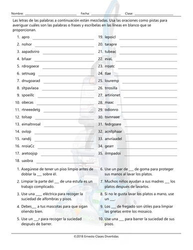 Household Chores and Cleaning Supplies Jumbled Words Spanish Worksheet ...