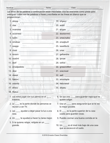 Houses, Rooms, Furniture, and Appliances Jumbled Words Spanish ...