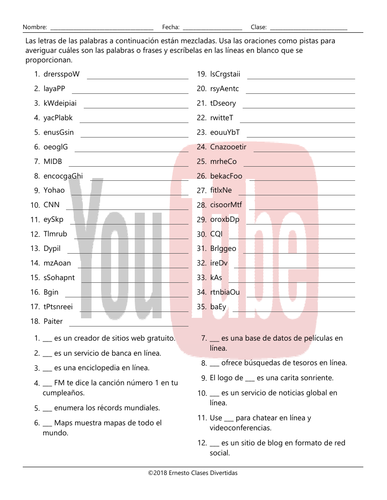 Internet Sites Jumbled Words Spanish Worksheet | Teaching Resources