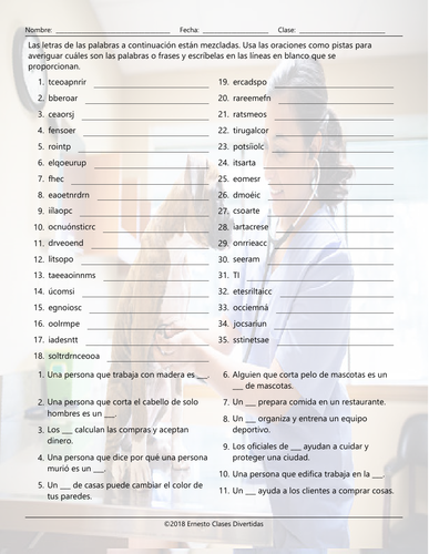 Jobs and Professions Jumbled Words Spanish Worksheet | Teaching Resources
