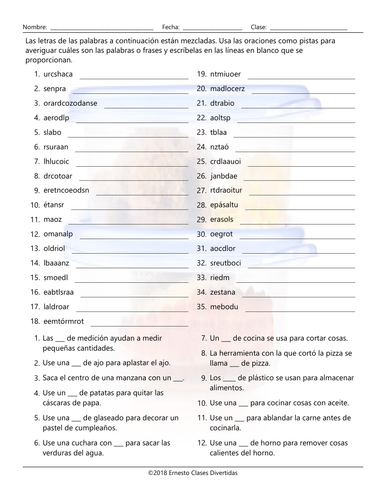Kitchen Cookware and Utensils Jumbled Words Spanish Worksheet ...
