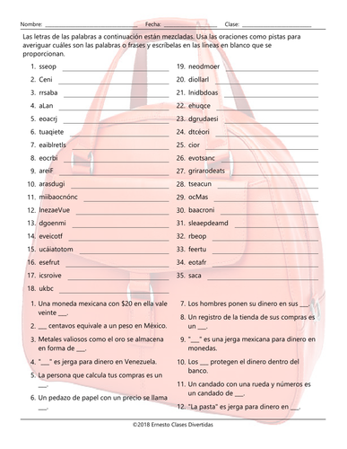 Money and Banking Jumbled Words Spanish Worksheet | Teaching Resources