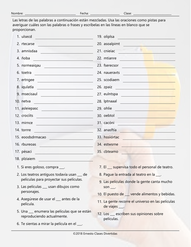 Movie Things and Genres Jumbled Words Spanish Worksheet | Teaching ...