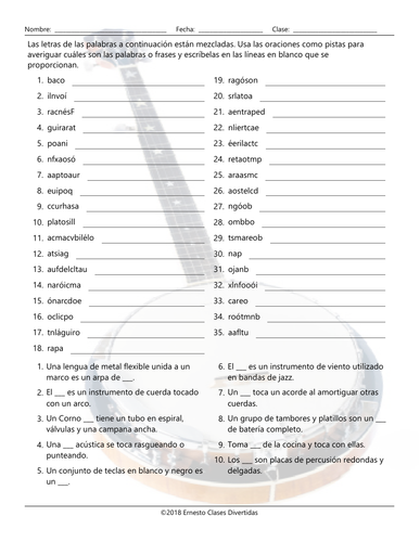 Musical Instruments Jumbled Words Spanish Worksheet | Teaching Resources