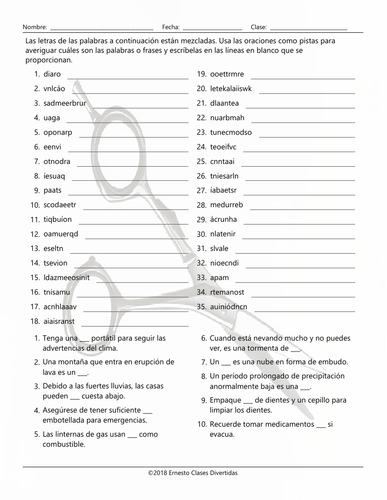 Natural Disasters and Emergencies Jumbled Words Spanish Worksheet ...