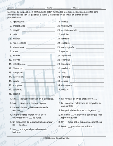 News Media Jumbled Words Spanish Worksheet | Teaching Resources