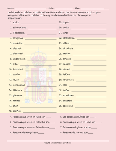 Origins and Nationalities Jumbled Words Spanish Worksheet | Teaching ...