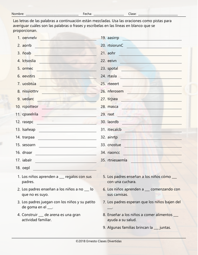 Parenting Activities Jumbled Words Spanish Worksheet | Teaching Resources