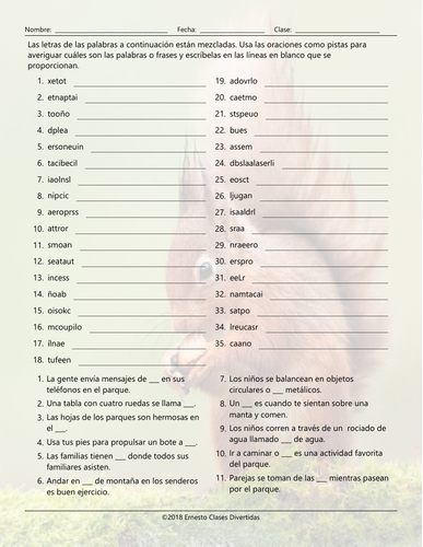 Park Things and Activities Jumbled Words Spanish Worksheet | Teaching ...
