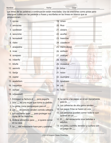 Restaurant Things and Activities Jumbled Words Spanish Worksheet ...