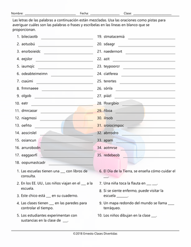 School Items, Places, and Subjects Jumbled Words Spanish Worksheet ...