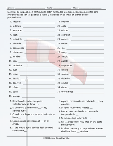 Seasons and Weather Jumbled Words Spanish Worksheet | Teaching Resources