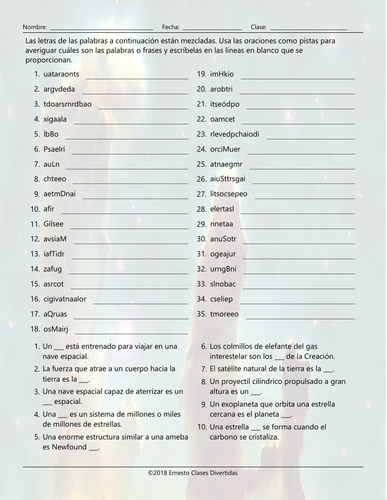 Space and Astronomy Jumbled Words Spanish Worksheet | Teaching Resources
