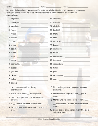 Sports and Exercise Jumbled Words Spanish Worksheet | Teaching Resources