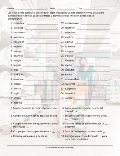 Stores and Shops Jumbled Words Spanish Worksheet | Teaching Resources
