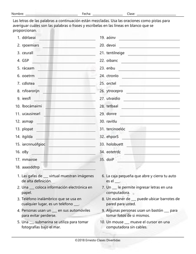Technology and Gadgets Jumbled Words Spanish Worksheet | Teaching Resources