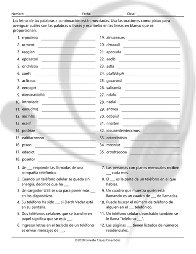 Telephones Jumbled Words Spanish Worksheet | Teaching Resources