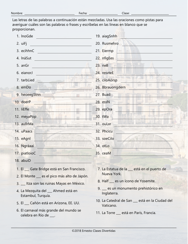 Tourist Attractions Around The World Jumbled Words Spanish Worksheet ...