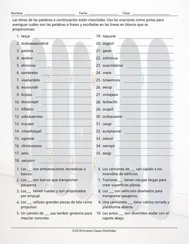 Transportation and Vehicles Jumbled Words Spanish Worksheet | Teaching ...