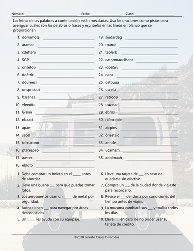 Travel Items and Modes Jumbled Words Spanish Worksheet | Teaching Resources