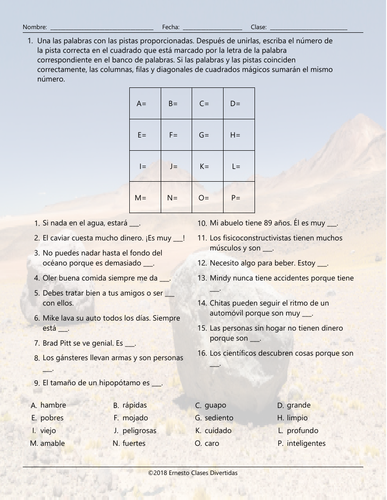 Adjectives Magic Square Spanish Worksheet | Teaching Resources
