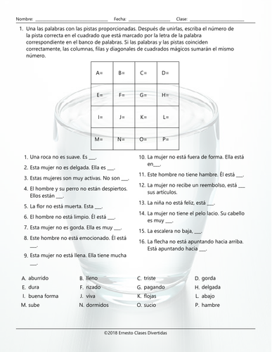 Antonyms and Opposite Actions Magic Square Spanish Worksheet | Teaching ...