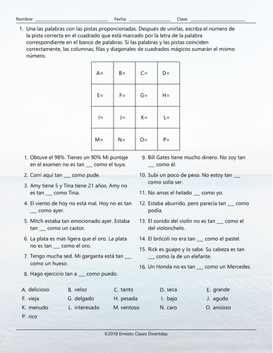 Comparisons with As ...+... As Magic Square Spanish Worksheet ...