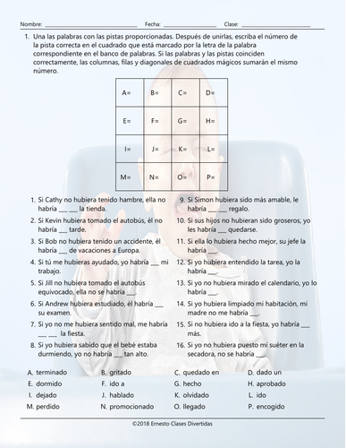 Conditional Sentences Type 3 Magic Square Spanish Worksheet | Teaching ...