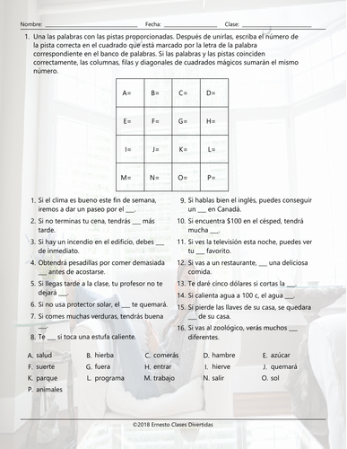 Conditional Sentences Types 0 and 1 Magic Square Spanish Worksheet ...