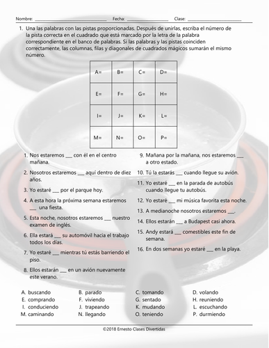 Future Continuous Tense Magic Square Spanish Worksheet | Teaching Resources