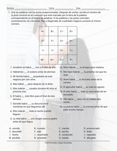 Future Perfect Tense Magic Square Spanish Worksheet | Teaching Resources