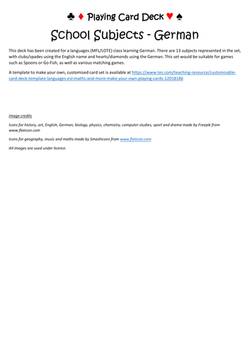 School subjects playing cards - German (customisable template also ...