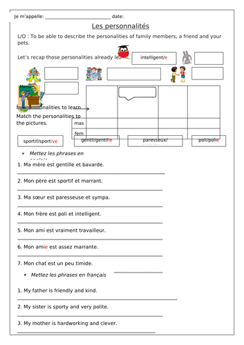 FRENCH - PERSONALITIES KS2 - WORKSHEETS | Teaching Resources