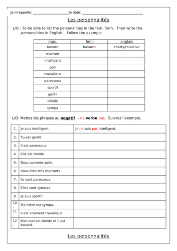 FRENCH - PERSONALITIES KS2 - WORKSHEETS | Teaching Resources