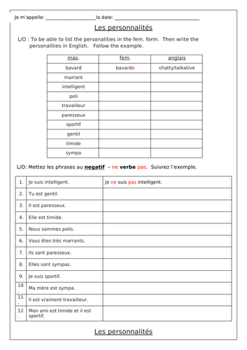 FRENCH - PERSONALITIES KS2 - WORKSHEETS | Teaching Resources