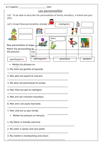 FRENCH - PERSONALITIES KS2 - WORKSHEETS | Teaching Resources