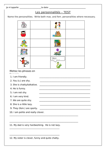 FRENCH - PERSONALITIES KS2 - WORKSHEETS | Teaching Resources